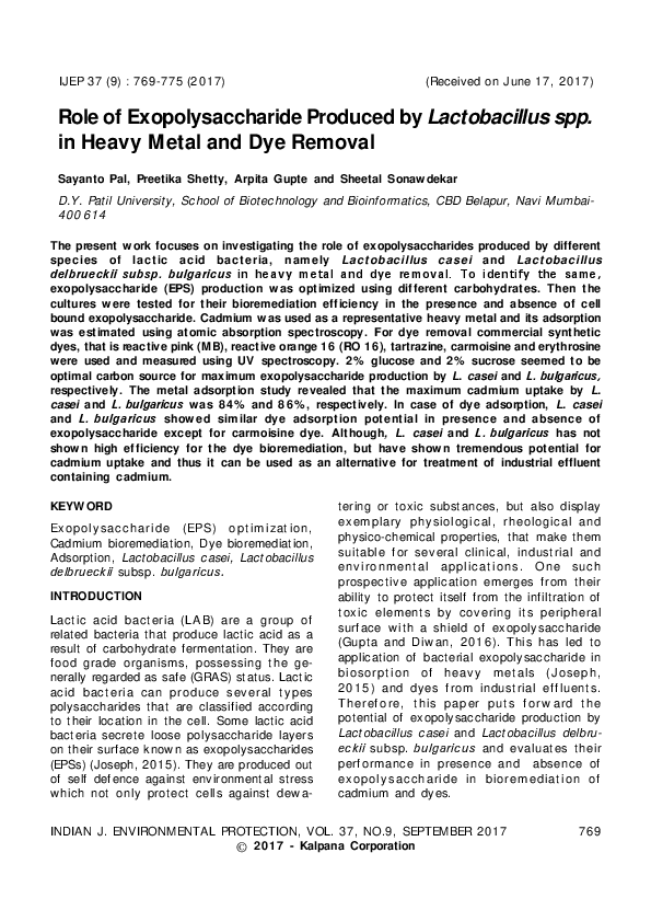 (PDF) Role of Exopolysaccharide Produced by Lactobacillus spp. in Heavy Metal and Dye Removal