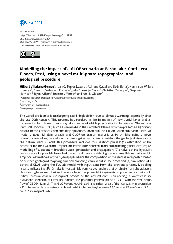 (PDF) Modelling the impact of a GLOF scenario at Parón lake, Cordillera ...