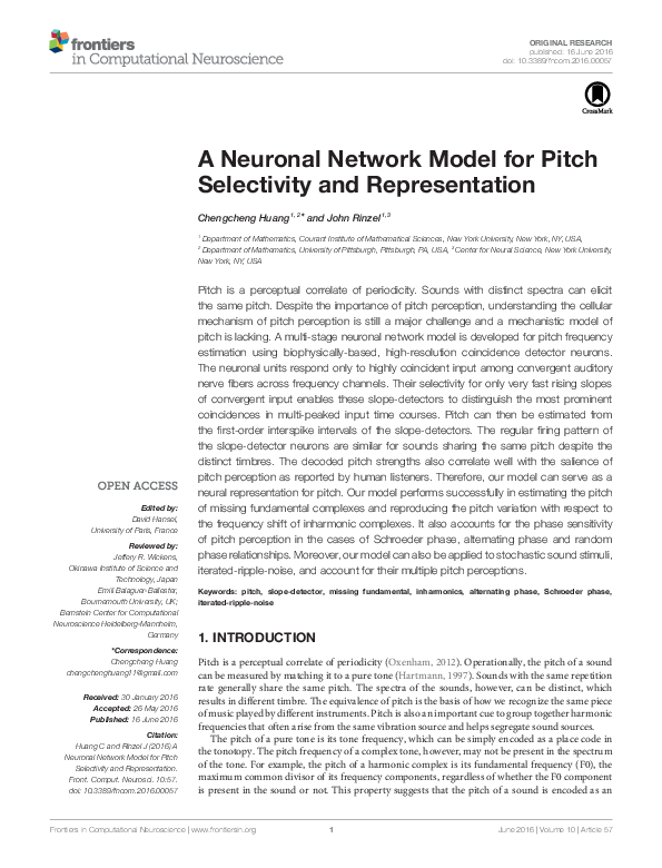 (PDF) A Neuronal Network Model for Pitch Selectivity and Representation