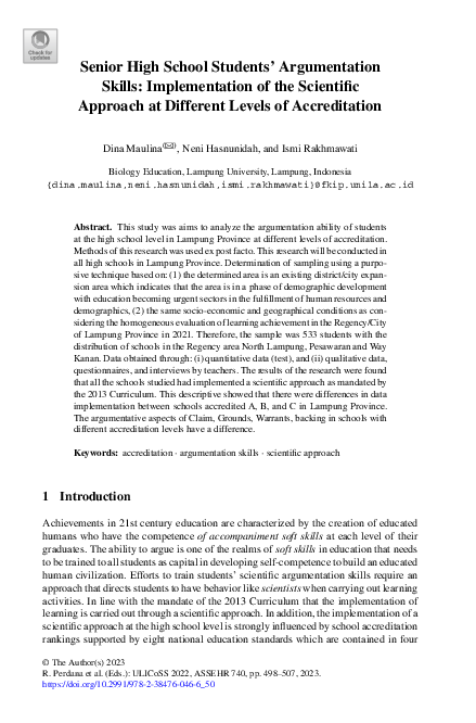 (PDF) Senior High School Students’ Argumentation Skills: Implementation of the Scientific ...