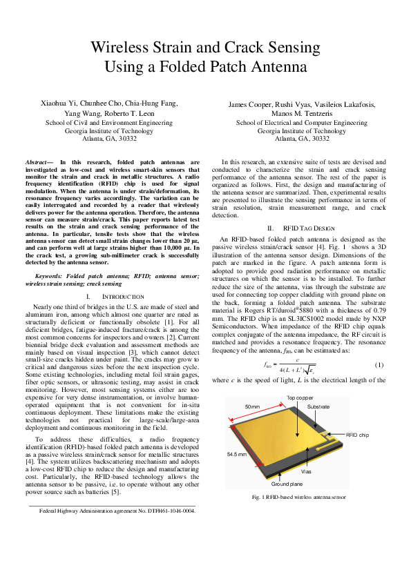 (PDF) Wireless strain and crack sensing using a folded patch antenna