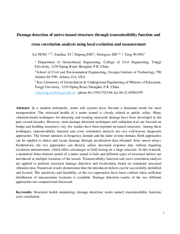 (PDF) Damage detection of metro tunnel structure through transmissibility function and cross ...