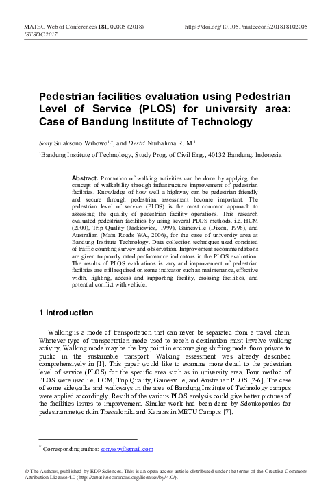 (PDF) Pedestrian facilities evaluation using Pedestrian Level of Service (PLOS) for university ...