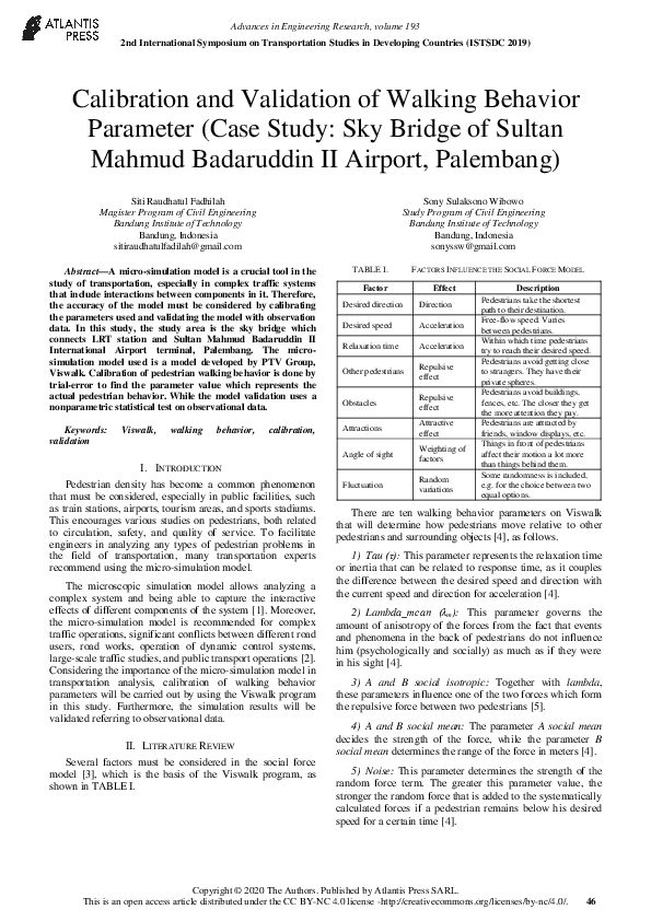 (PDF) Calibration and Validation of Walking Behavior Parameter (Case Study: Sky Bridge of Sultan ...