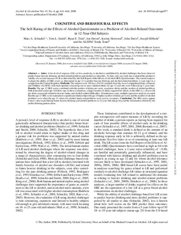 (PDF) The Self-Rating of the Effects of Alcohol Questionnaire as a ...
