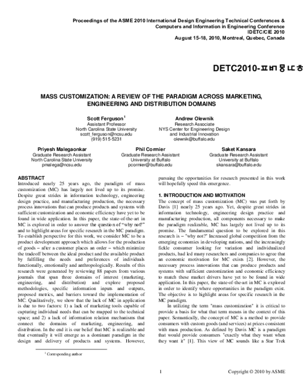 (PDF) Mass Customization: A Review of the Paradigm Across Marketing, Engineering and ...