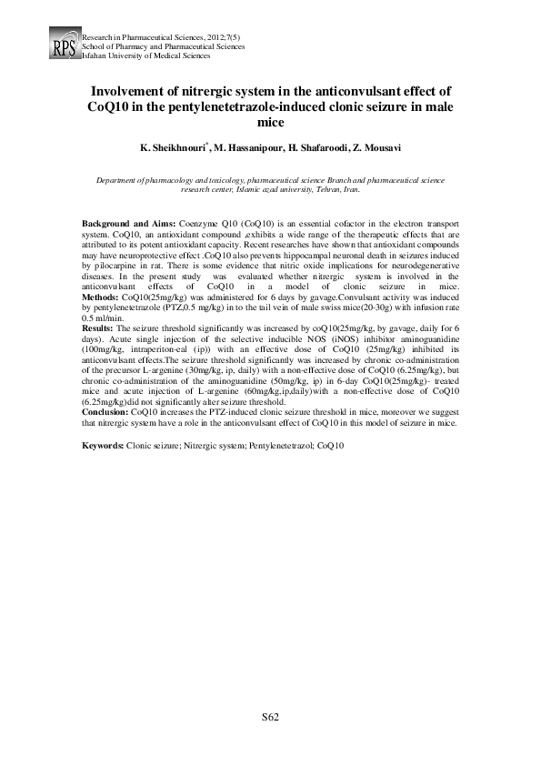 (PDF) Involvement of nitrergic system in the anticonvulsant effect of CoQ10 in the ...