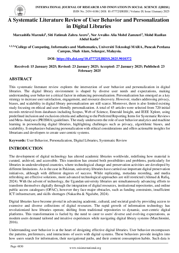 (PDF) A Systematic Literature Review of User Behavior and Personalization in Digital Libraries