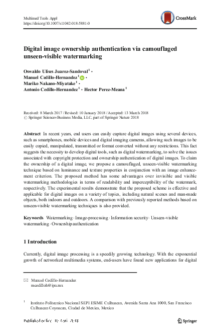 (PDF) Digital image ownership authentication via camouflaged unseen-visible watermarking