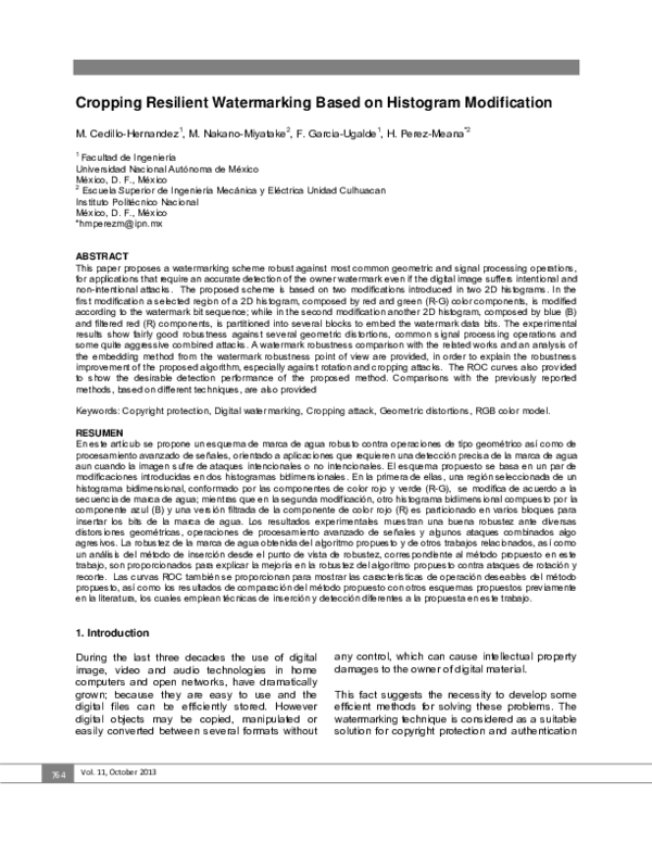 (PDF) Cropping Resilient Watermarking Based on Histogram Modification