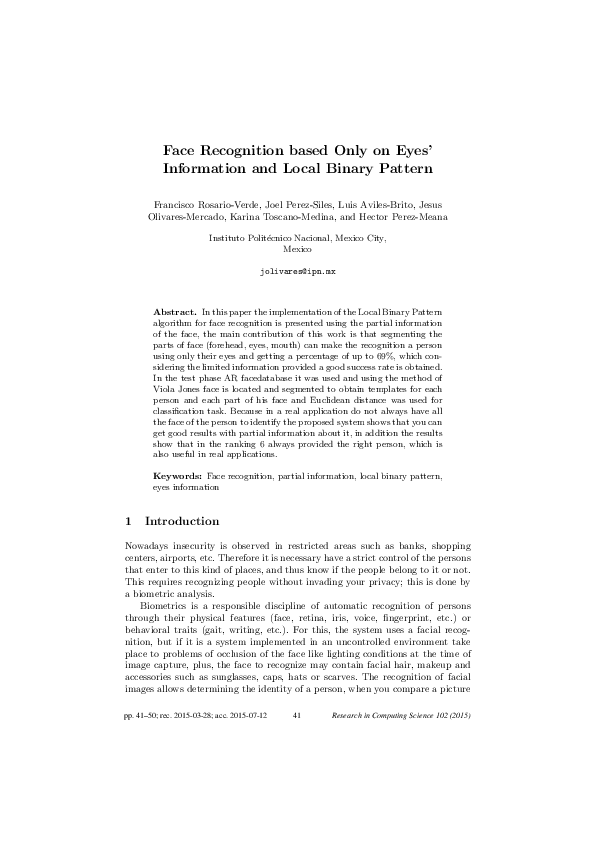 (PDF) Face Recognition based Only on Eyes’ Information and Local Binary Pattern