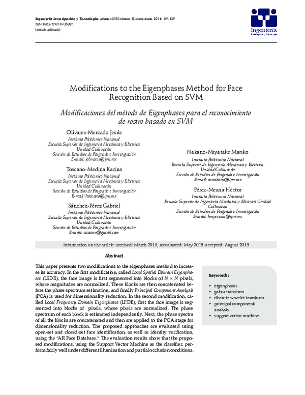 (PDF) Modifications to the Eigenphases Method for Face Recognition Based on SVM Modificaciones ...