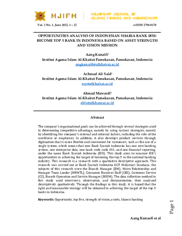 (PDF) Opportunities Analysis of Indonesian Sharia Bank (BSI) Become Top 5 Bank in Indonesia ...