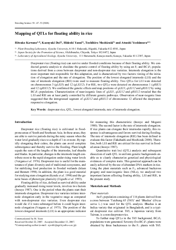 (PDF) Mapping of QTLs for floating ability in rice