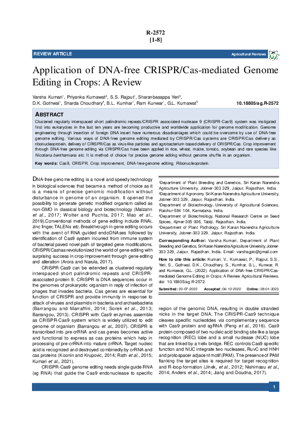 (PDF) Application of DNA-free CRISPR/Cas-mediated Genome Editing in ...