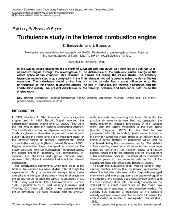(PDF) Turbulence study in the internal combustion engine