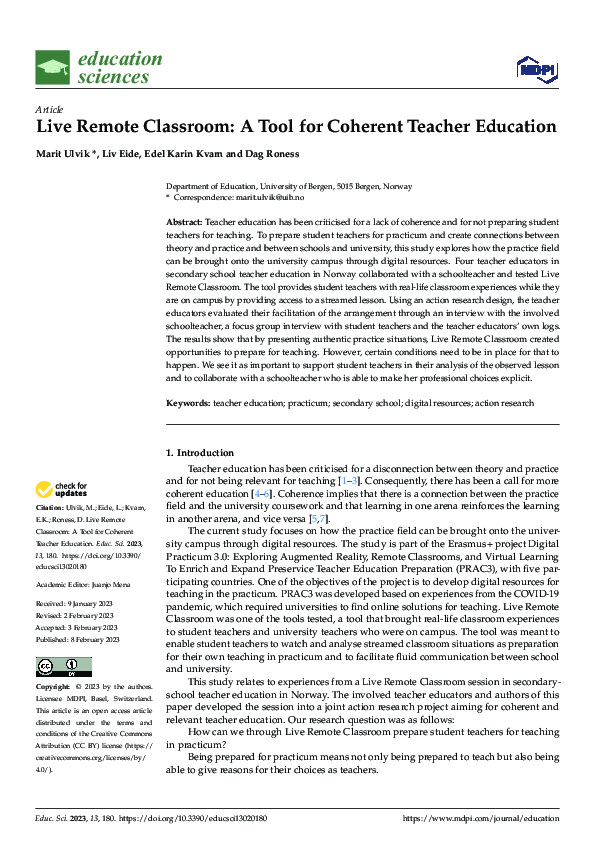 (PDF) Live Remote Classroom: A Tool for Coherent Teacher Education