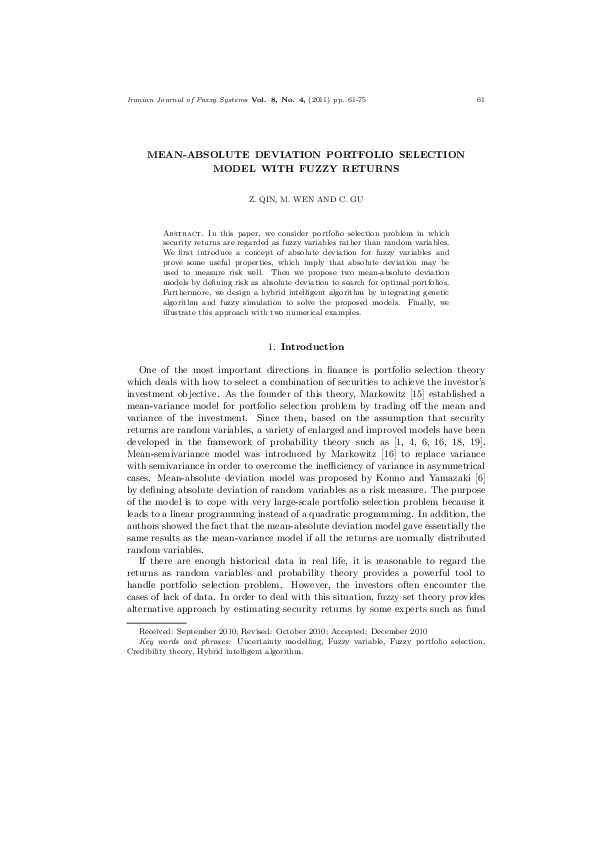 (PDF) Mean-Absolute Deviation Portfolio Selection Model with Fuzzy Returns