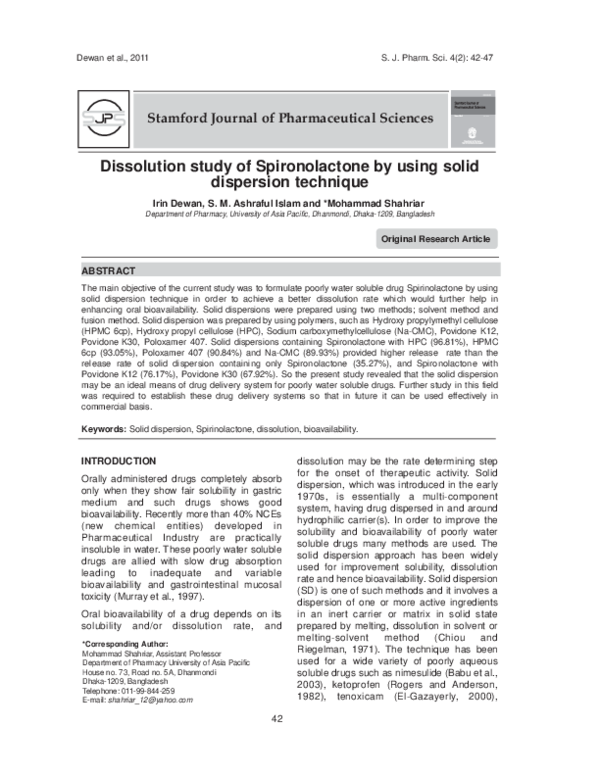 (PDF) Dissolution study of Spironolactone by using solid dispersion technique