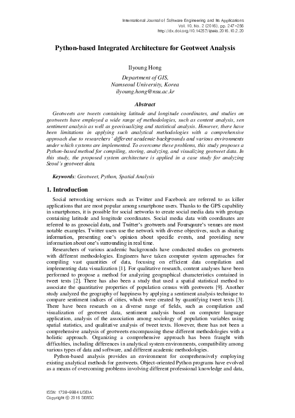 (PDF) Python-based Integrated Architecture for Geotweet Analysis