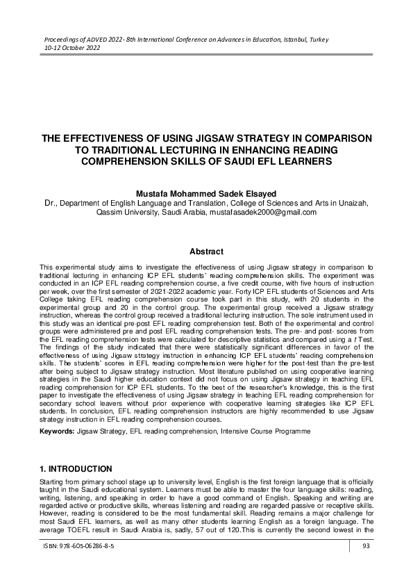 (PDF) The Effectiveness of Using Jigsaw Strategy in Comparison to Traditional Lecturing in ...