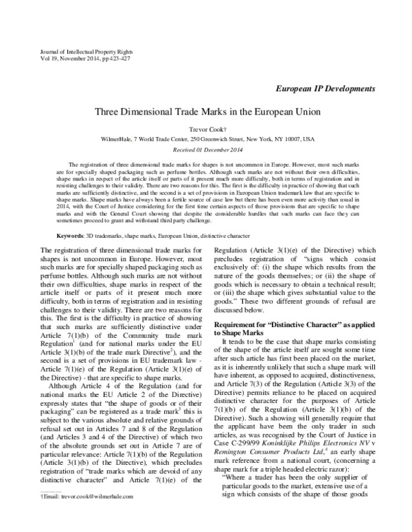 (PDF) Three Dimensional Trade Marks in the European Union