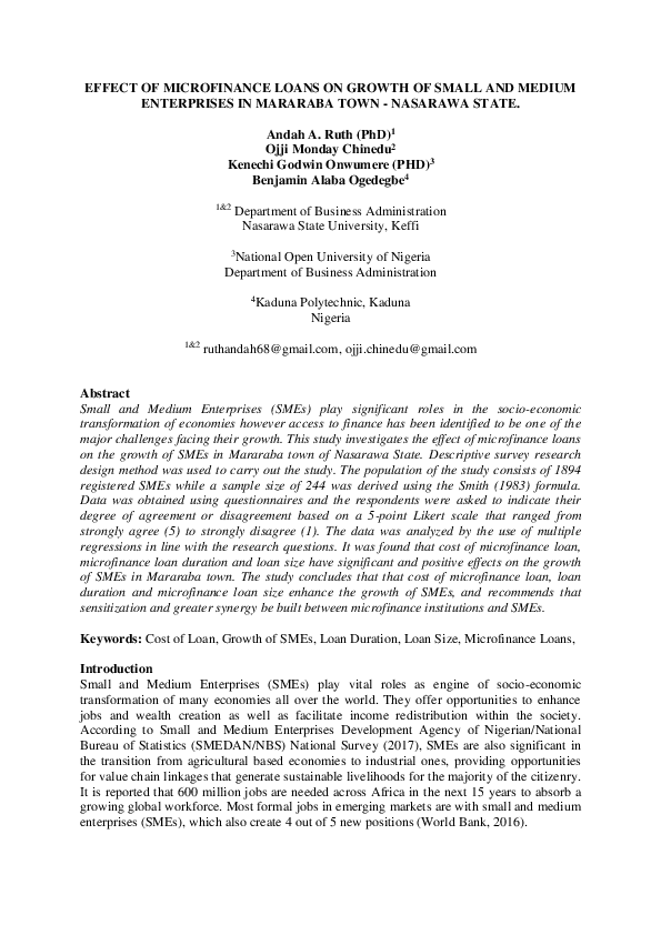 (PDF) EFFECT OF MICROFINANCE LOANS ON GROWTH OF SMALL AND MEDIUM ENTERPRISES IN MARARABA TOWN ...