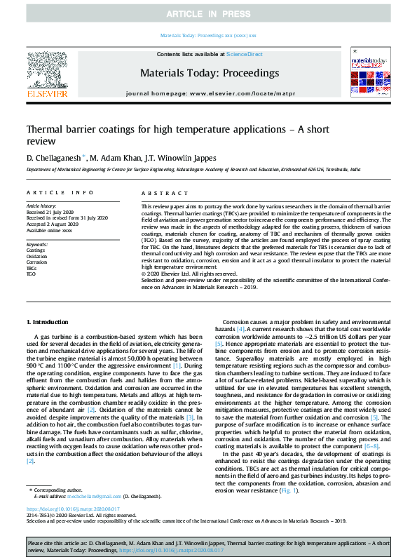 (PDF) Thermal barrier coatings for high temperature applications – A short review