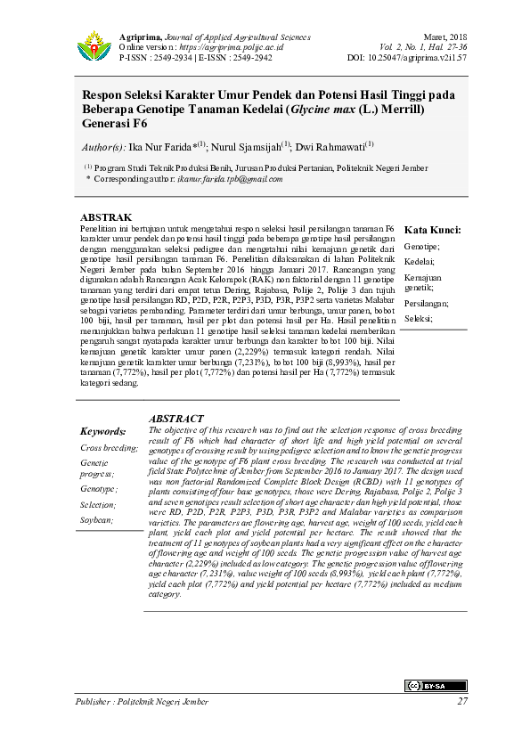 (PDF) Respon Seleksi Karakter Umur Pendek dan Potensi Hasil Tinggi pada Beberapa Genotipe ...