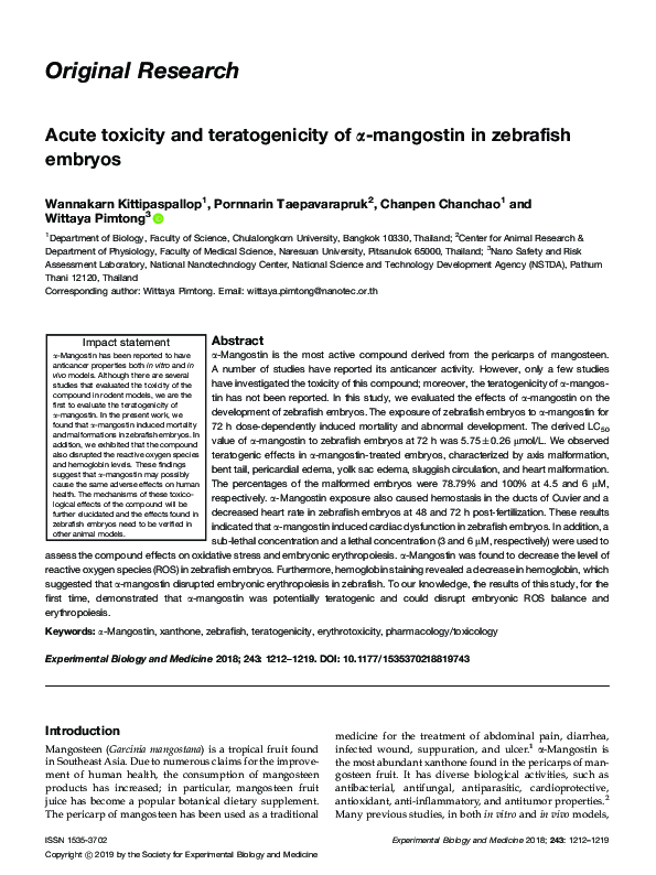 (PDF) Acute toxicity and teratogenicity of α-mangostin in zebrafish embryos