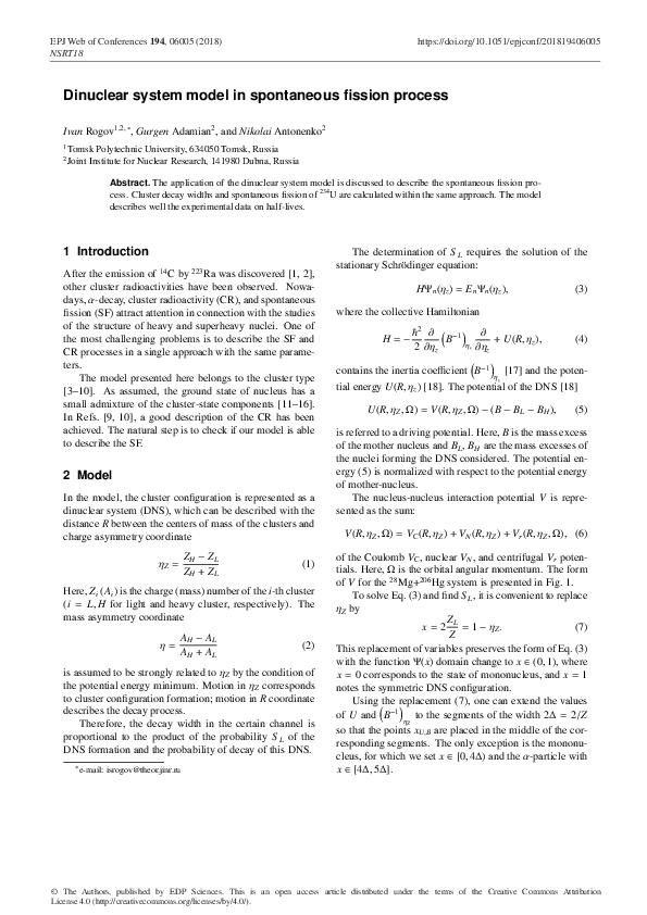 (PDF) Dinuclear system model in spontaneous fission process