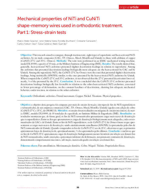 (PDF) Mechanical properties of NiTi and CuNiTi shape-memory wires used in orthodontic treatment ...