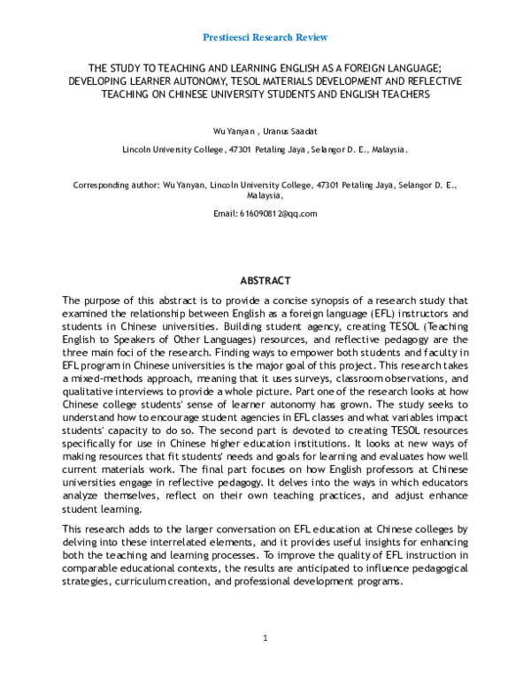 (PDF) THE STUDY TO TEACHING AND LEARNING ENGLISH AS A FOREIGN LANGUAGE; DEVELOPING LEARNER ...