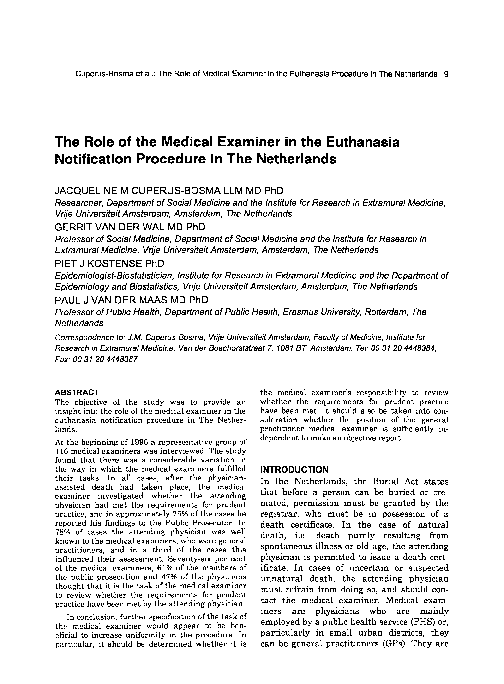 (PDF) The Role of the Medical Examiner in the Euthanasia Notification ...