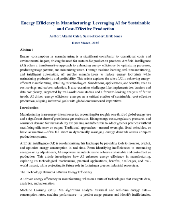 (PDF) Energy Efficiency in Manufacturing: Leveraging AI for Sustainable ...