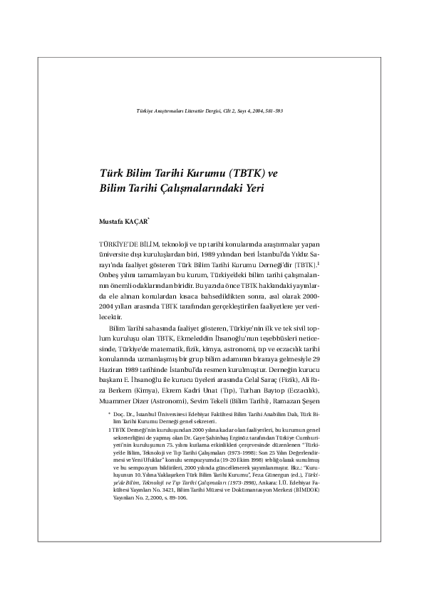(PDF) Türk Bilim Tarihi Kurumu (TBTK) ve Bilim Tarihi Çalışmalarındaki Yeri