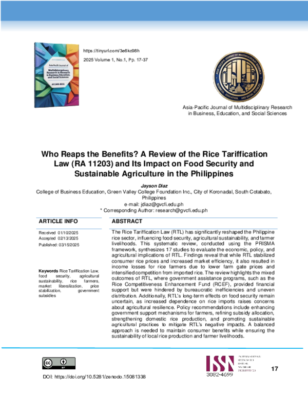 (PDF) Who Reaps the Benefits? A Review of the Rice Tariffication Law (RA 11203) and Its Impact ...