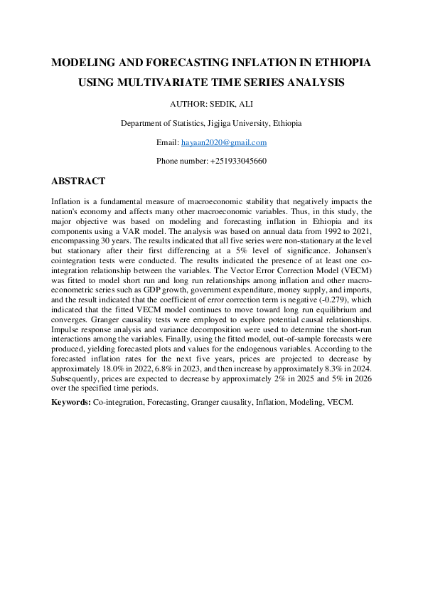 (PDF) MODELING AND FORECASTING INFLATION IN ETHIOPIA USING MULTIVARIATE TIME SERIES ANALYSIS