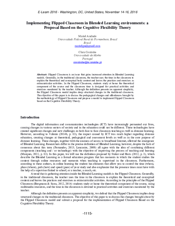 (PDF) Implementing Flipped Classroom in Blended Learning environments: a Proposal Based on the ...