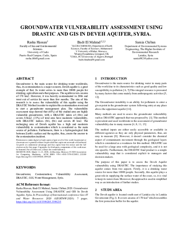 (PDF) GROUNDWATER VULNERABILITY ASSESSMENT USING DRASTIC AND GIS IN DEVEH AQUIFER, SYRIA
