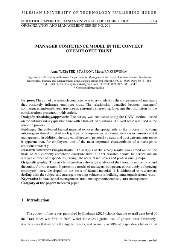 (PDF) MANAGER COMPETENCE MODEL IN THE CONTEXT OF EMPLOYEE TRUST