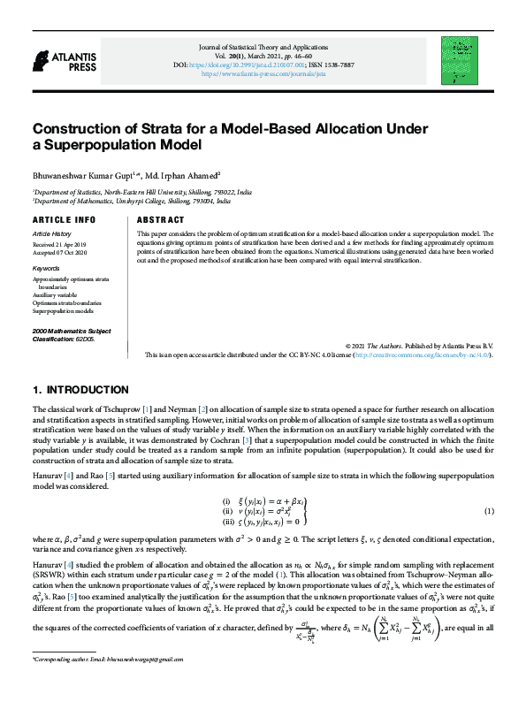 (PDF) Construction of Strata for a Model-Based Allocation Under a Superpopulation Model
