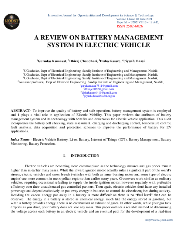 (PDF) A Review on Battery Management System in Electric Vehicle