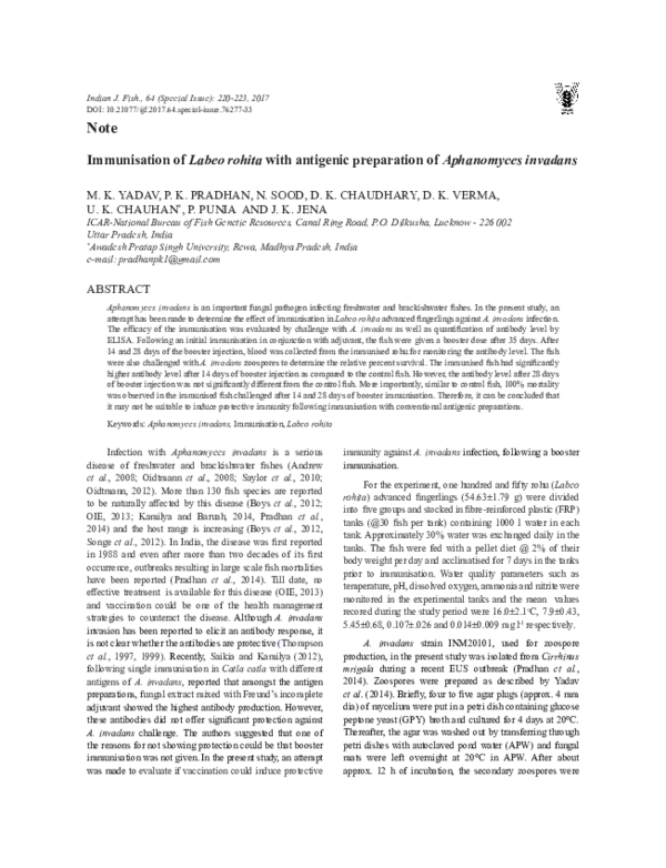 (PDF) Immunisation of Labeo rohita with Antigenic preparation of ...