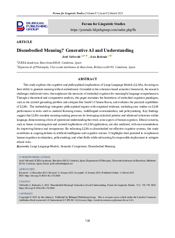 (PDF) Disembodied Meaning? Generative AI and Understanding