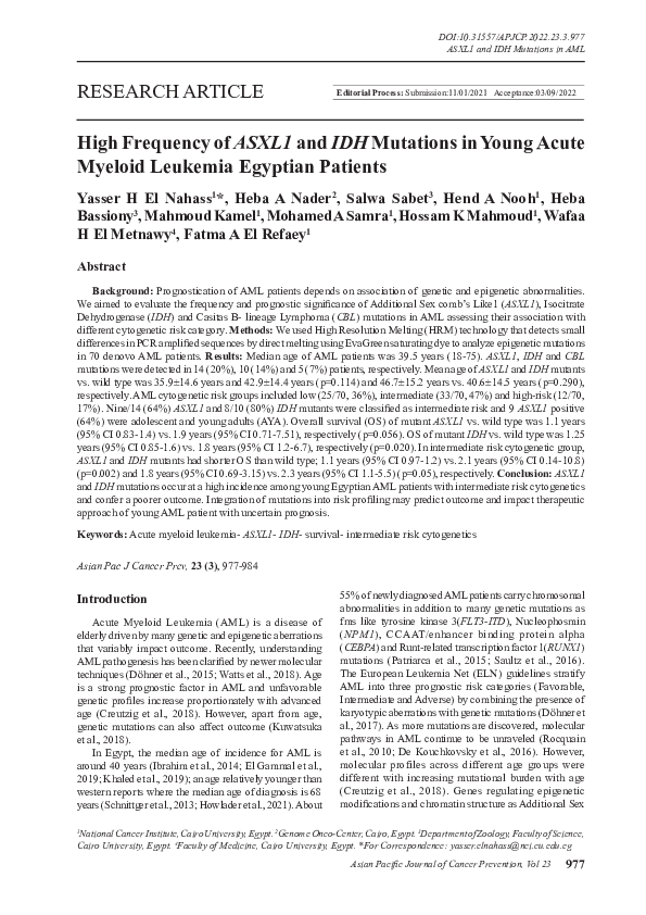 (PDF) High Frequency of ASXL1 and IDH Mutations in Young Acute Myeloid Leukemia Egyptian Patients