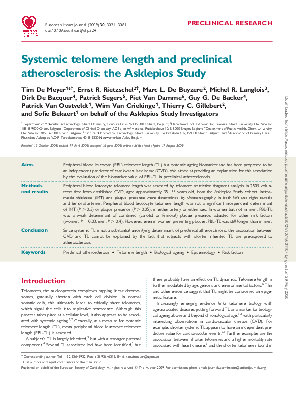 (PDF) Systemic telomere length and preclinical atherosclerosis: the Asklepios Study