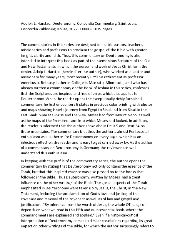 (PDF) Eckart Otto, Review on Adolph L. Harstad, Deuteronomy, Concordia ...