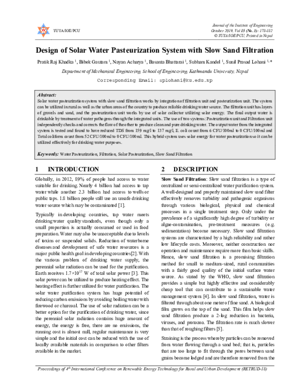 (PDF) Design of Solar Water Pasteurization System with Slow Sand Filtration