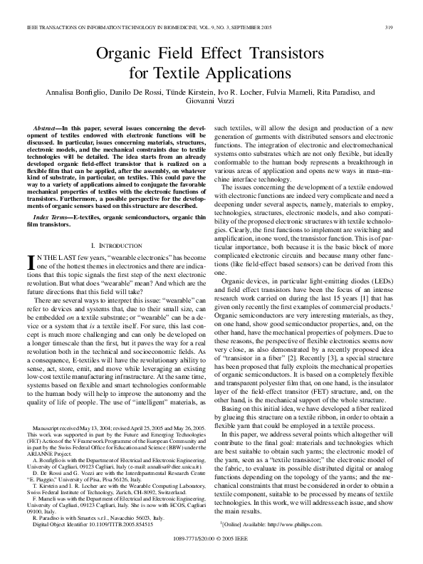 (PDF) Organic Field Effect Transistors for Textile Applications